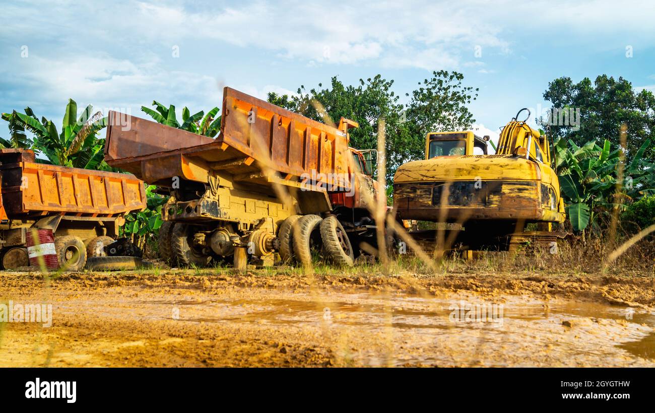 Wreck of heavy machinery in the junkyard of forestry company. Broken ...