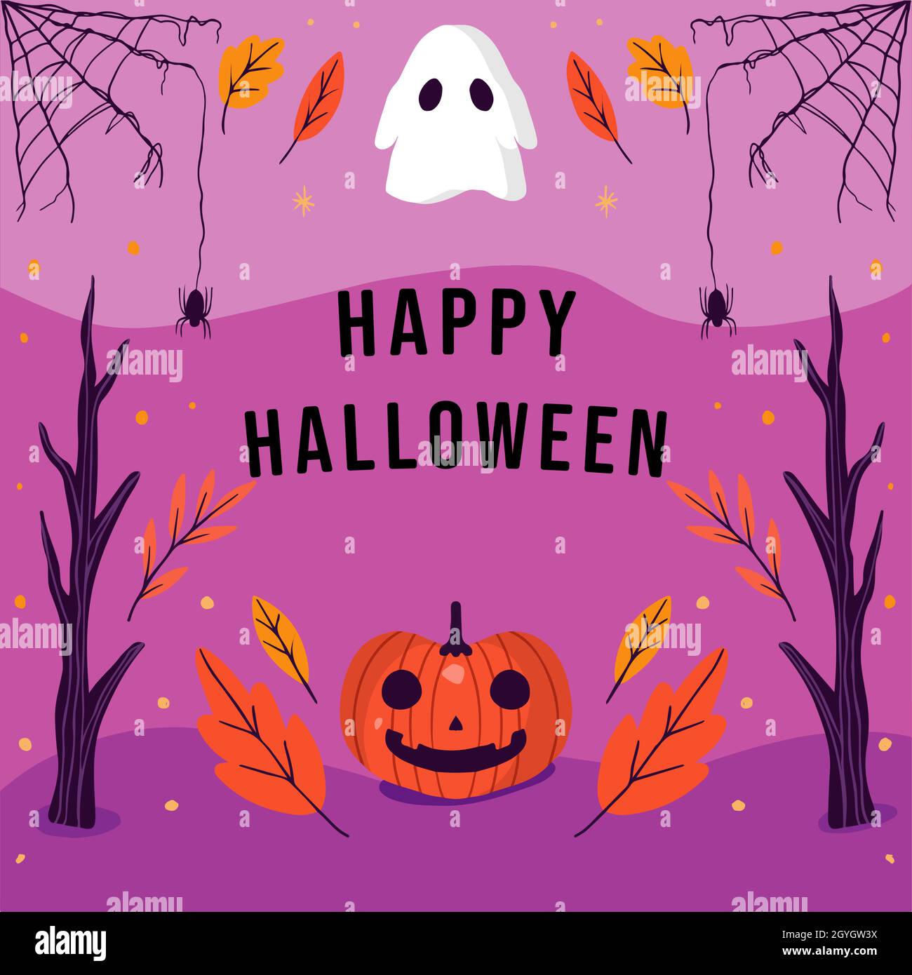 happy halloween hand drawn with pumpkin, tree, cobweb and ghost Stock ...