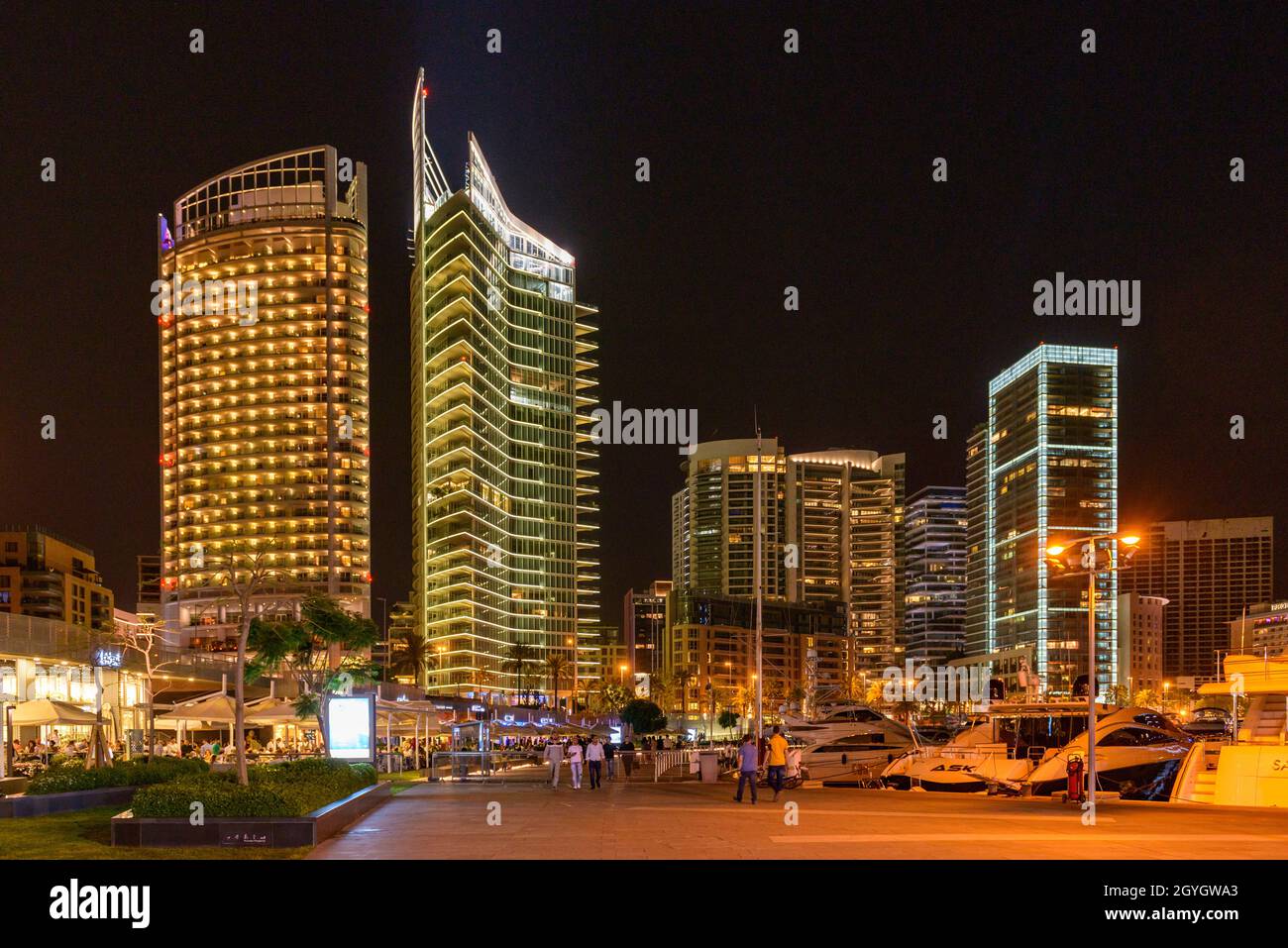 LEBANON, BEIRUT, MARFAA, ZAITUNAY BAY AND MARINA TOWERS AT NIGHT Stock ...