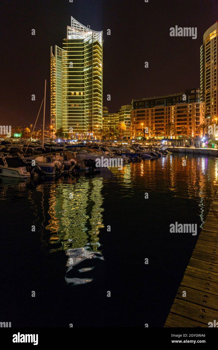 LEBANON, BEIRUT, MARFAA, ZAITUNAY BAY AND MARINA TOWERS AT NIGHT Stock ...