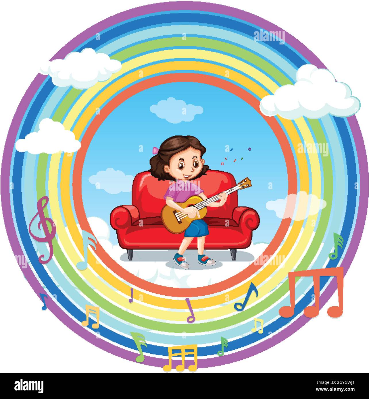 Happy girl playing guitar in rainbow round frame with melody symbol ...