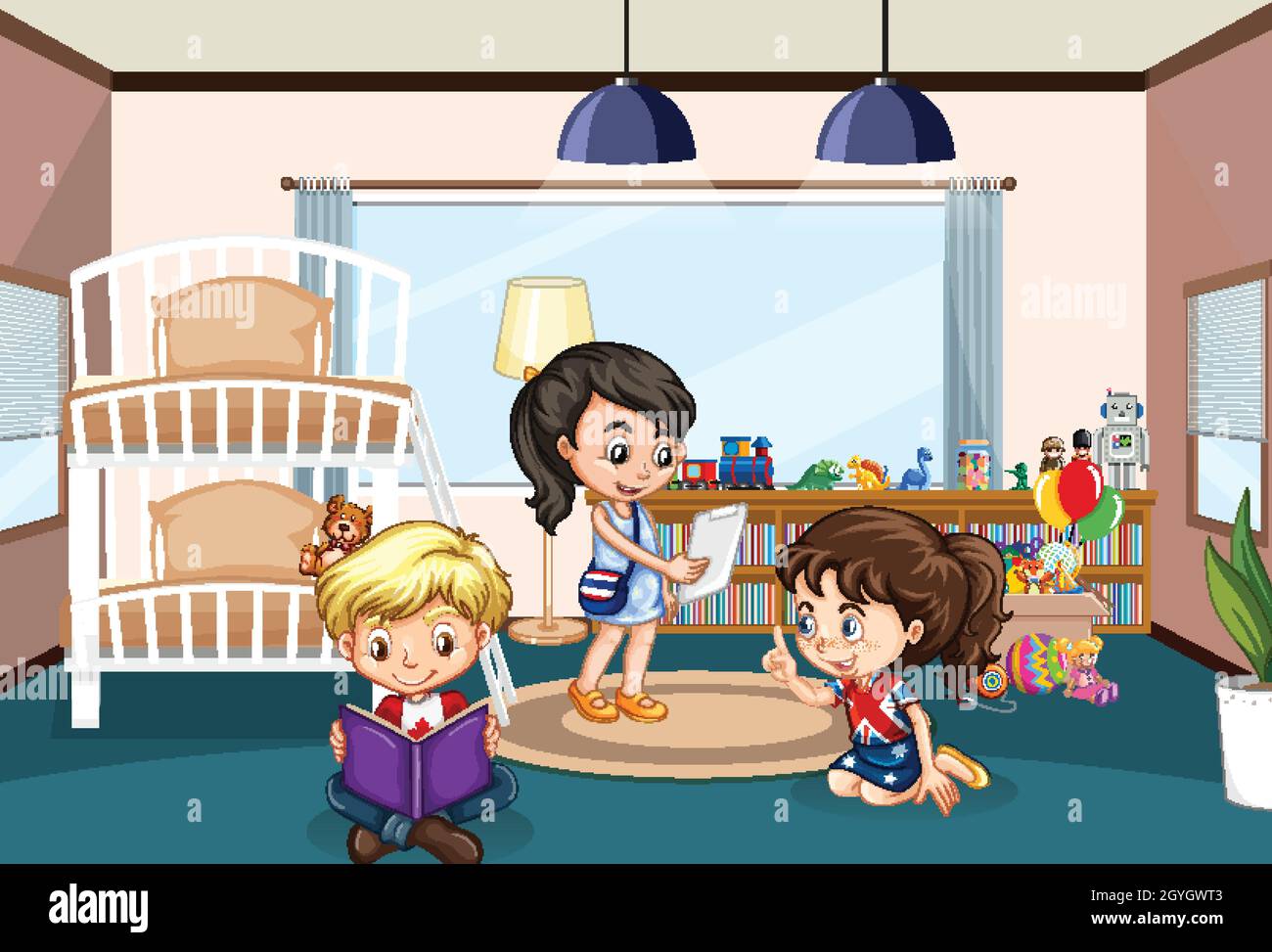 Interior of bedroom with children cartoon character illustration Stock ...