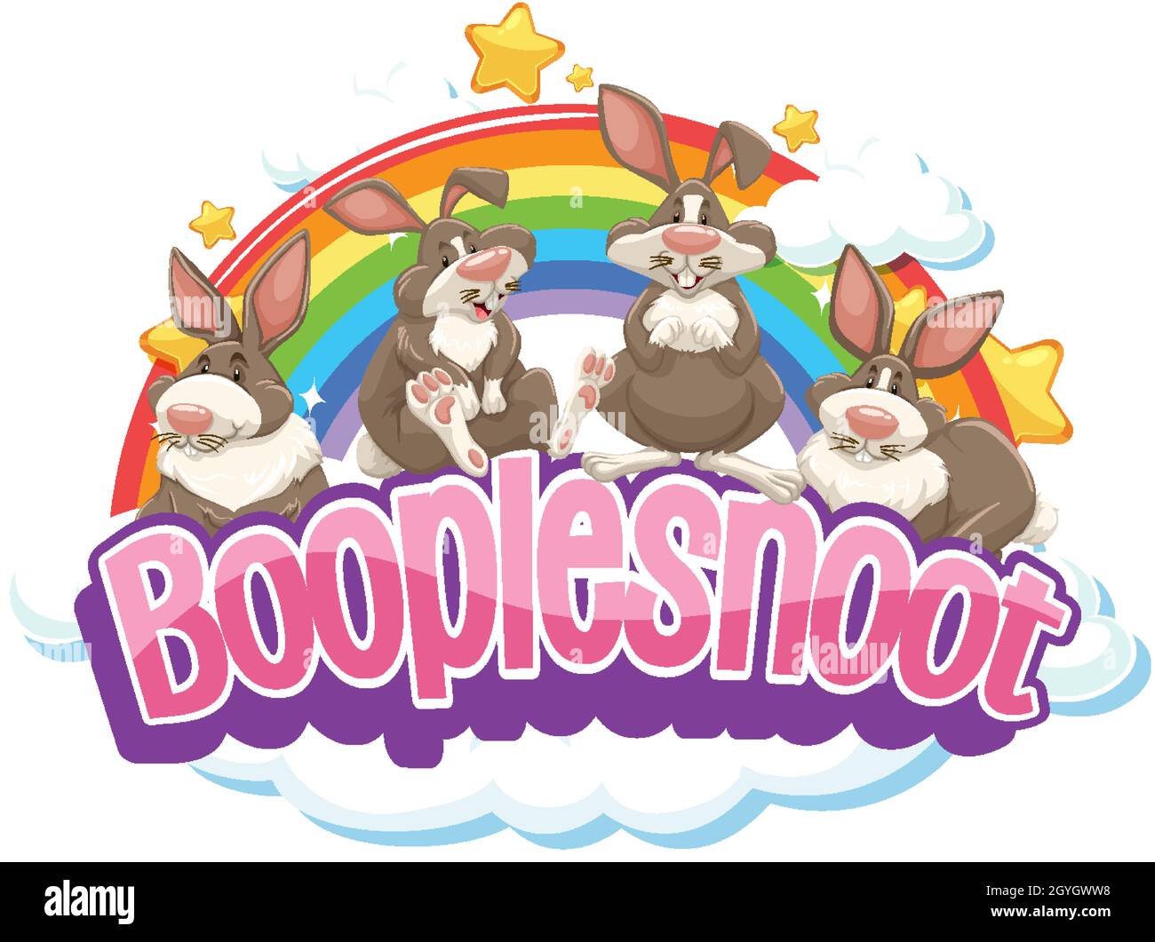 Cute rabbits on Boople Snoot font with rainbow illustration Stock ...