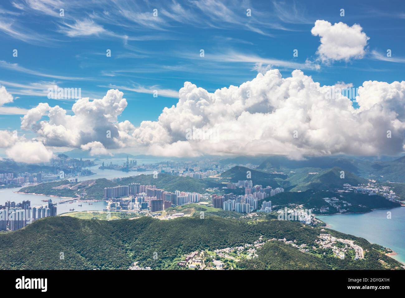 Beautiful aerial view of Junk Bay and Clearwater Bay, Hong Kong, summer ...