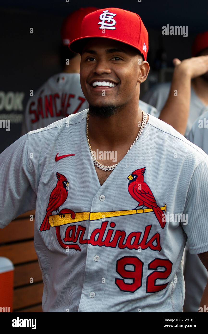 St. Louis Cardinals pitcher Génesis Cabrera smiles in the dugout before ...