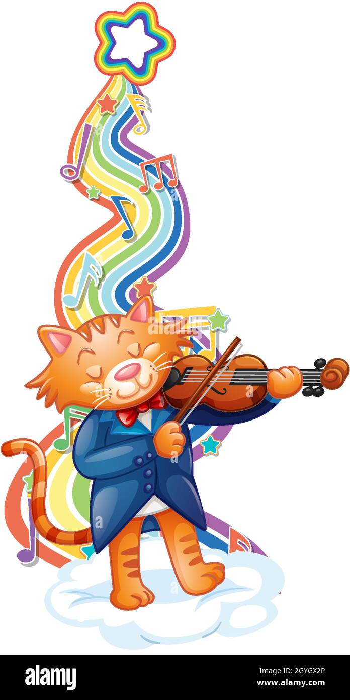 Cat playing violin with melody symbols on rainbow wave illustration ...