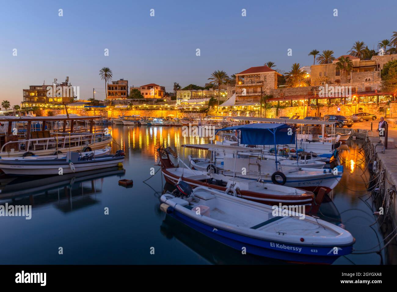 LEBANON, MOUNT LEBANON, JBEIL, BYBLOS FISHING PORT AT NIGHT Stock Photo ...