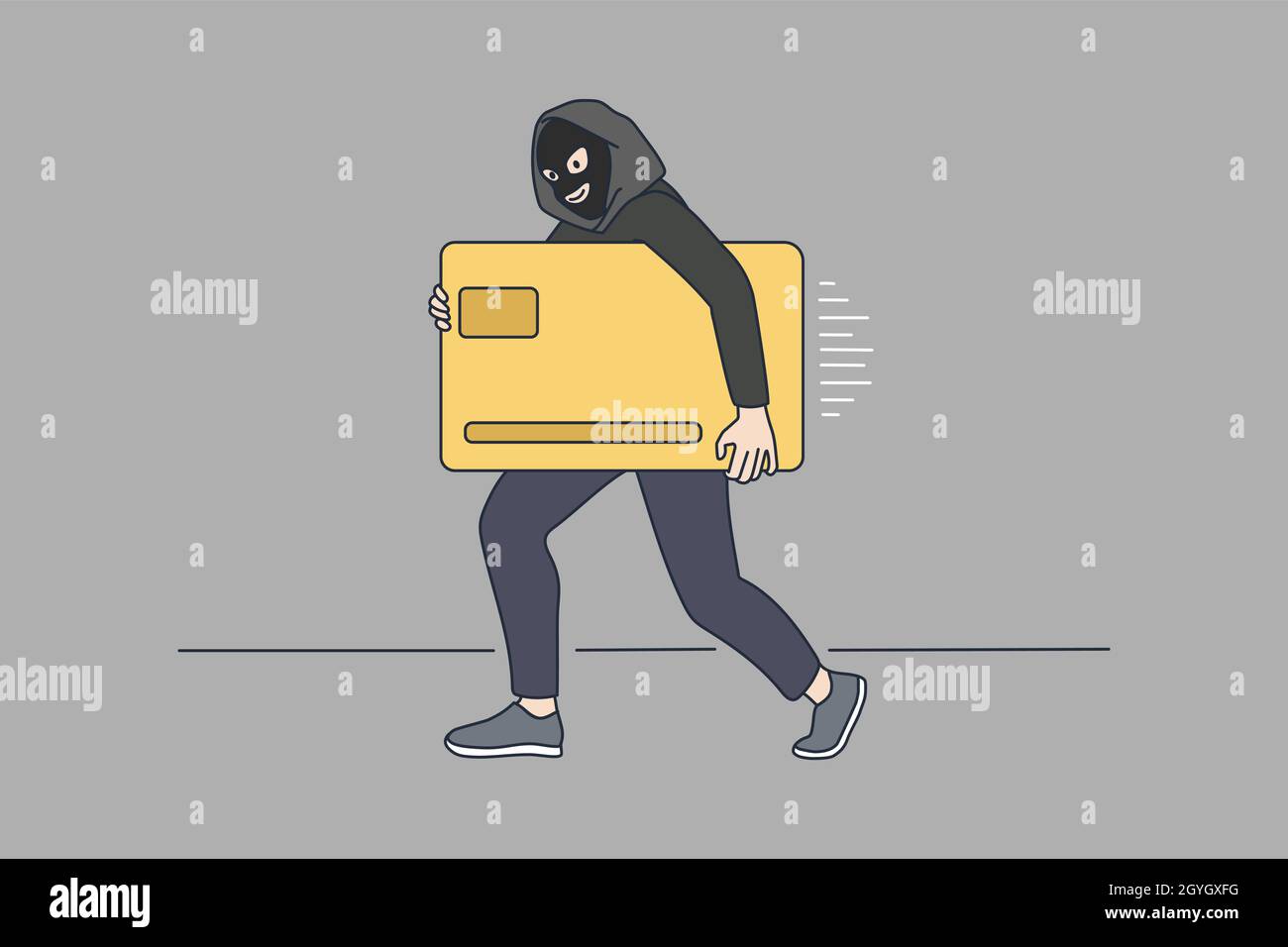 Man thief in mask costume steal gold credit card. Internet scammer or ...
