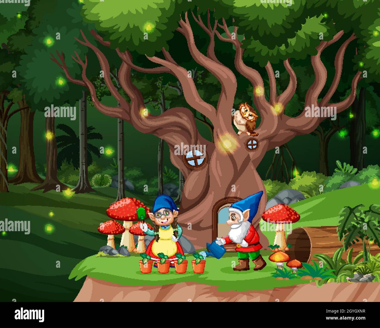 Fantasy forest scene with gnome family illustration Stock Vector Image ...