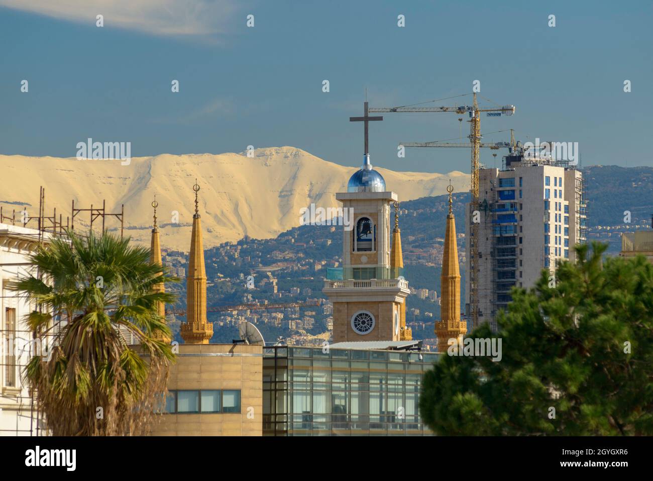 LEBANON, BEIRUT, BELL TOWER OF THE MARONITE CATHEDRAL, MINARETS OF THE ...