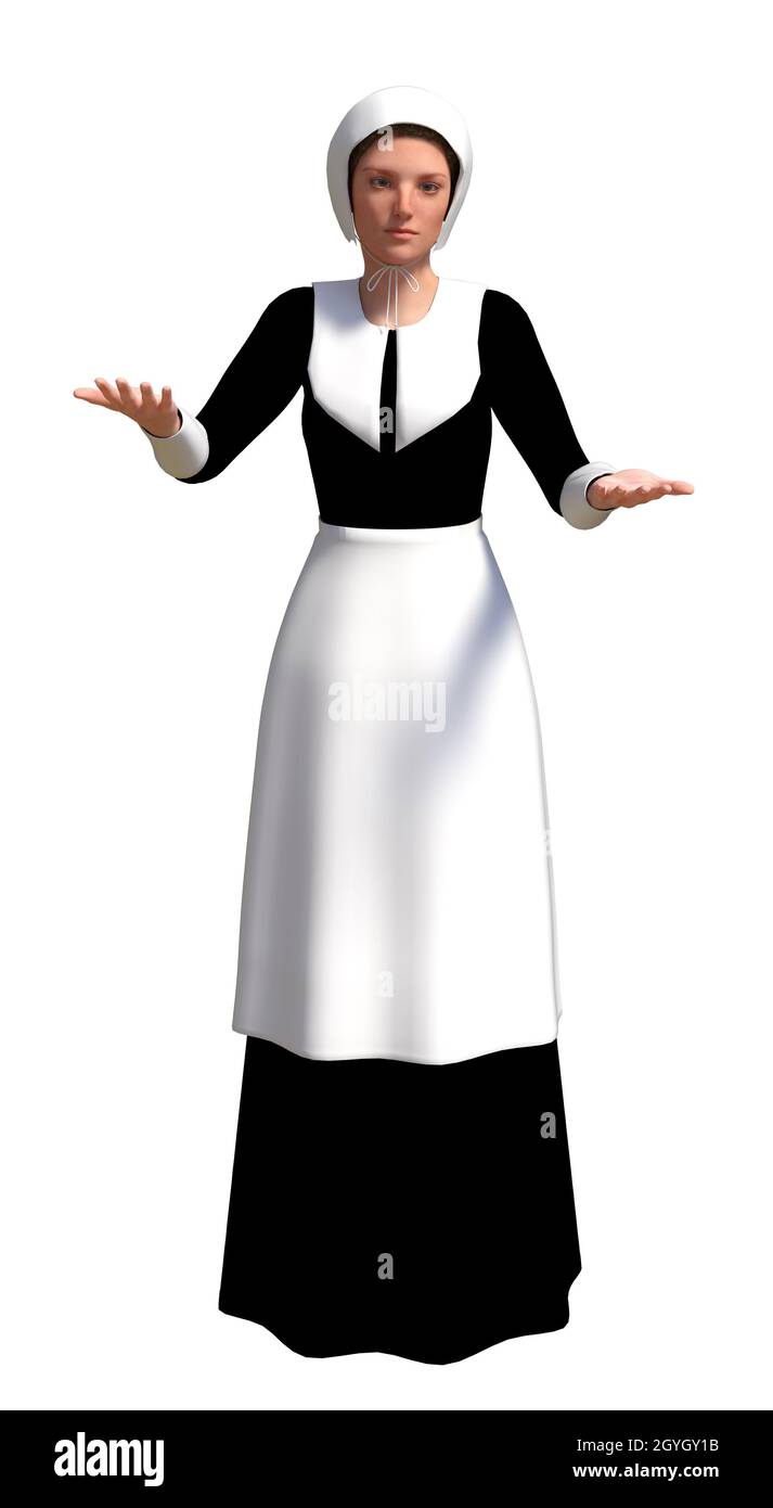 Digitally rendered woman wear old pilgrim costume, 3D Illustration ...