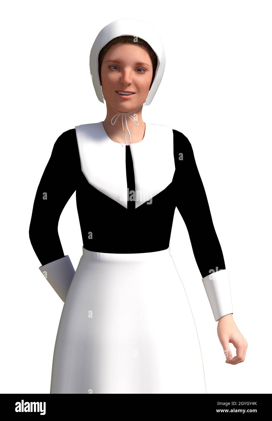 Digitally rendered woman wear old pilgrim costume, 3D Illustration ...