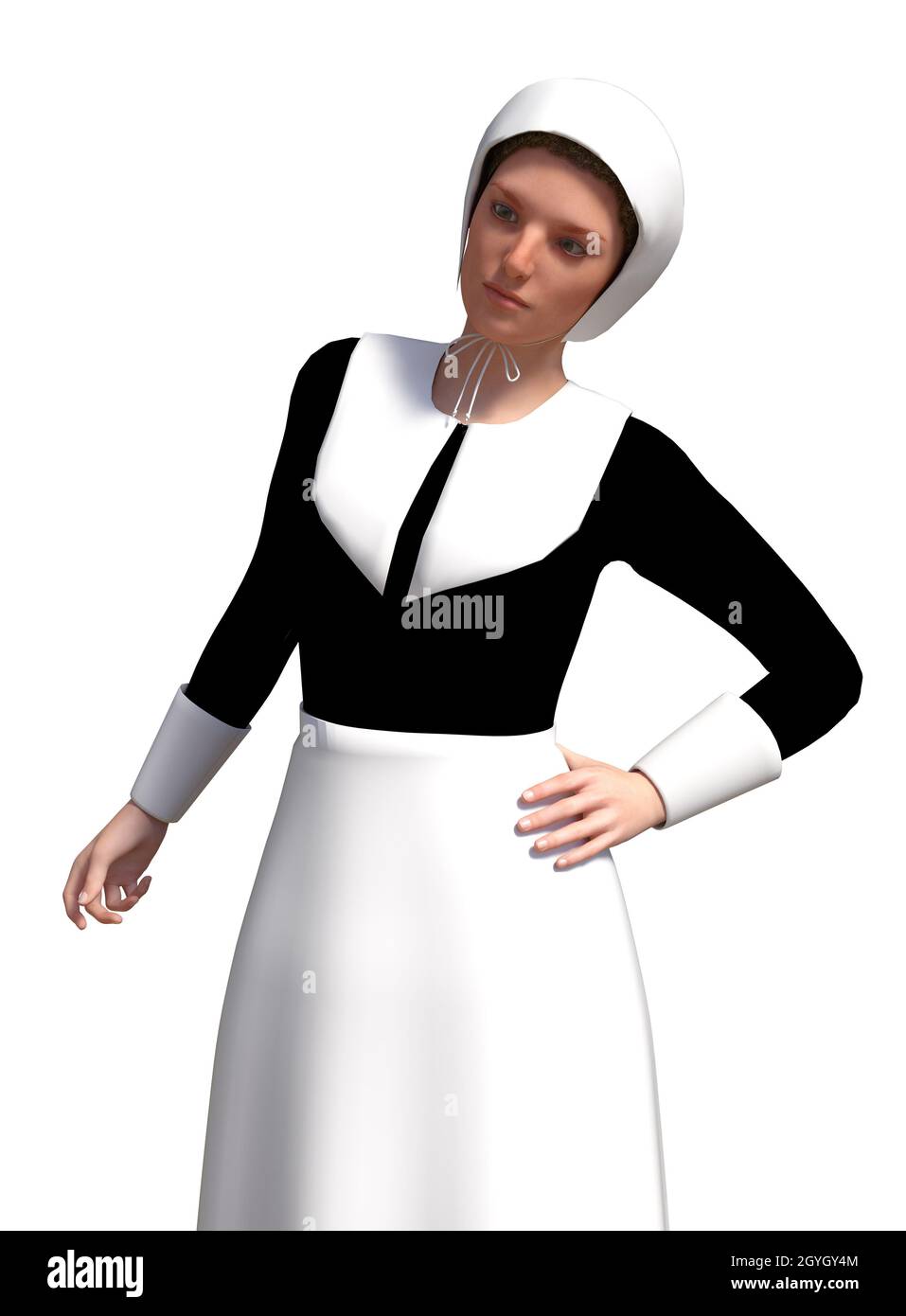 Digitally rendered woman wear old pilgrim costume, 3D Illustration ...
