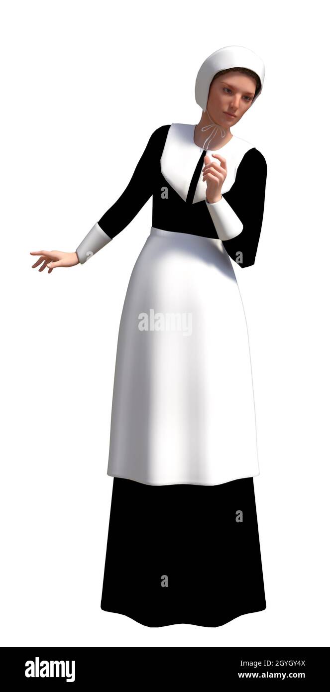 Digitally rendered woman wear old pilgrim costume, 3D Illustration ...