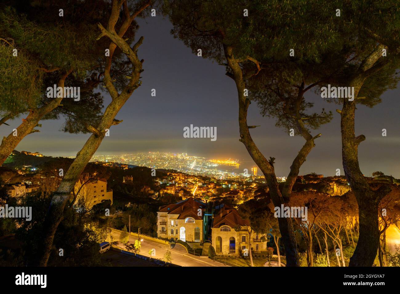 LEBANON, MOUNT LEBANON, BEIRUT AT NIGHT VIEW FROM BROUMMANA Stock Photo ...