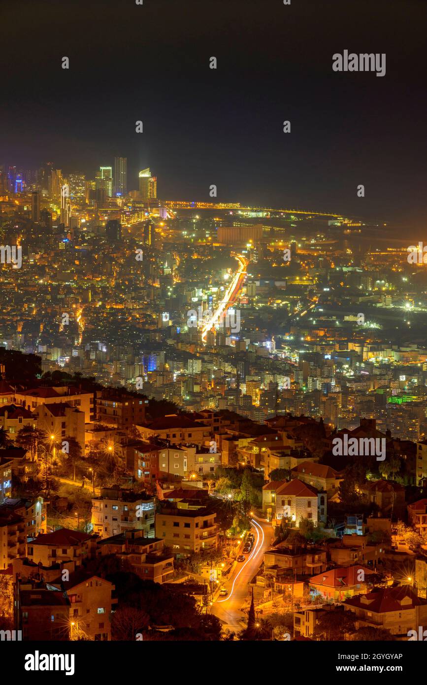 LEBANON, MOUNT LEBANON, BEIRUT AT NIGHT VIEW FROM BROUMMANA Stock Photo ...