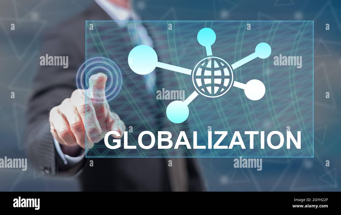 Man touching a globalization concept on a touch screen with his fingers ...