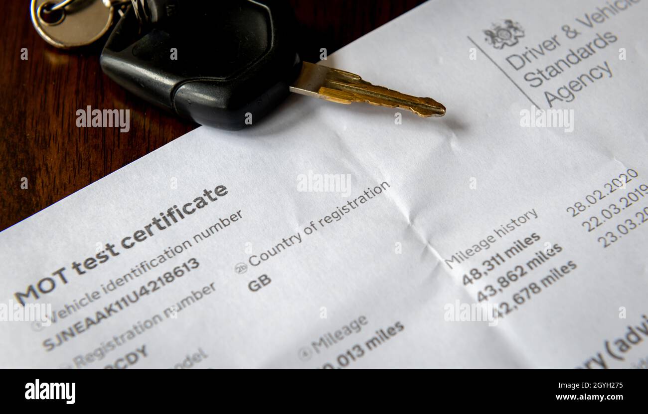 London. UK. 10.07.2021. A MOT test certificate, a legal requirement for ...