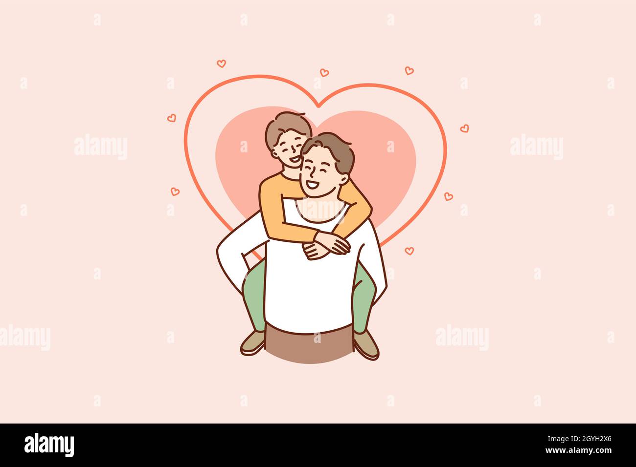 Happy loving father hold on back smiling small son, enjoy family ...