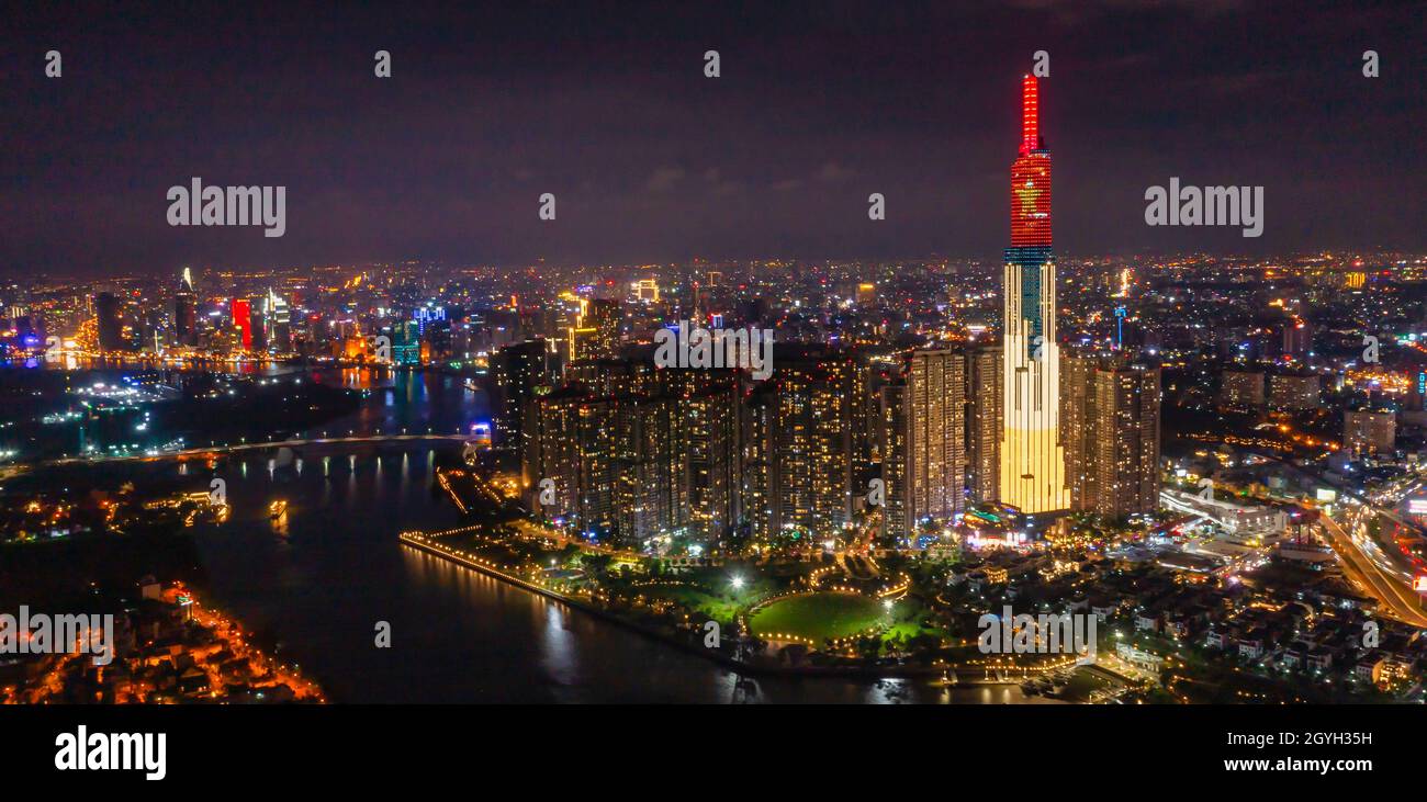 Drone view of Ho Chi Minh city skyline at night Stock Photo - Alamy