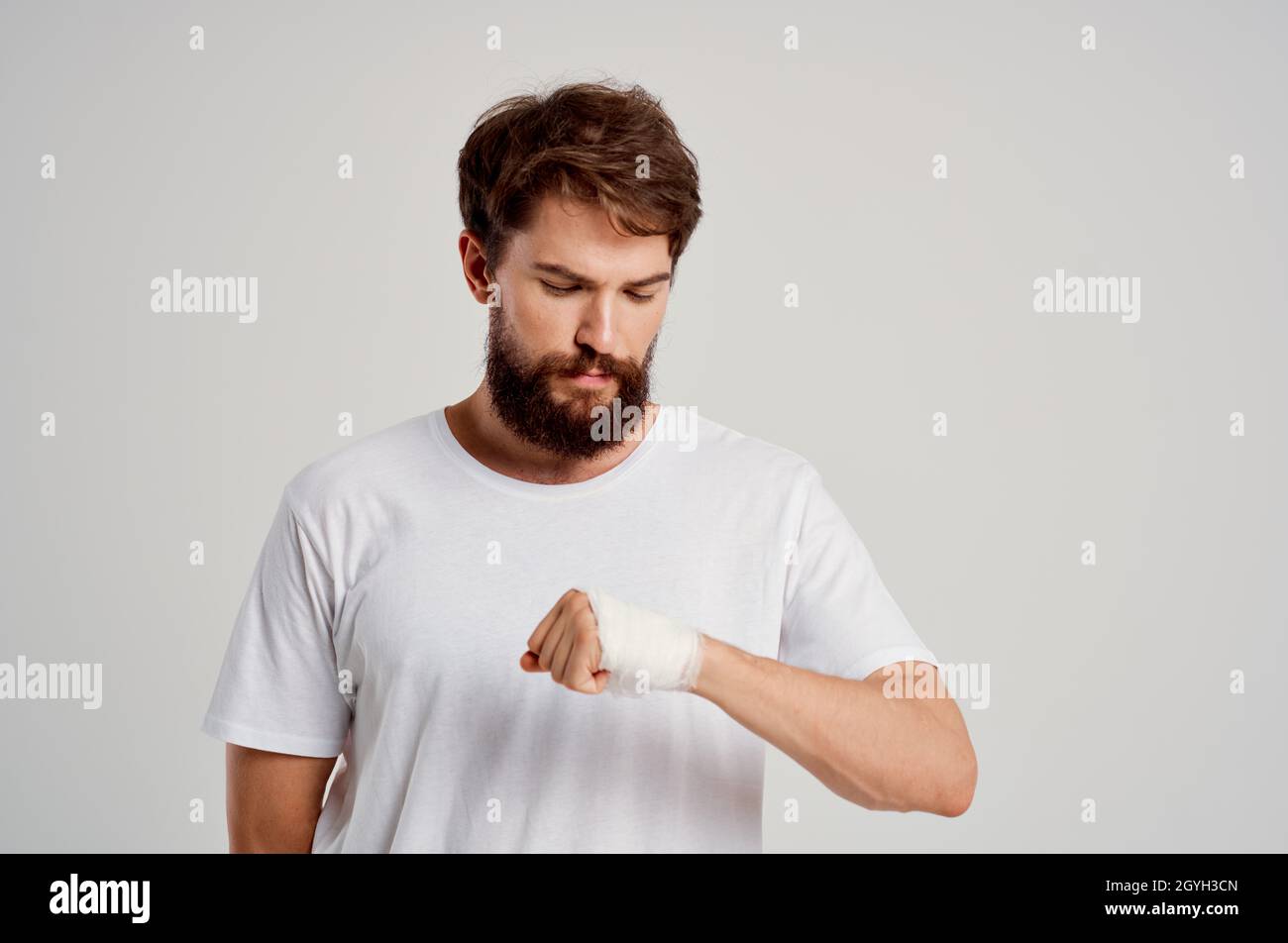 male patient bandaged hand injury to fingers hospitalization isolated ...