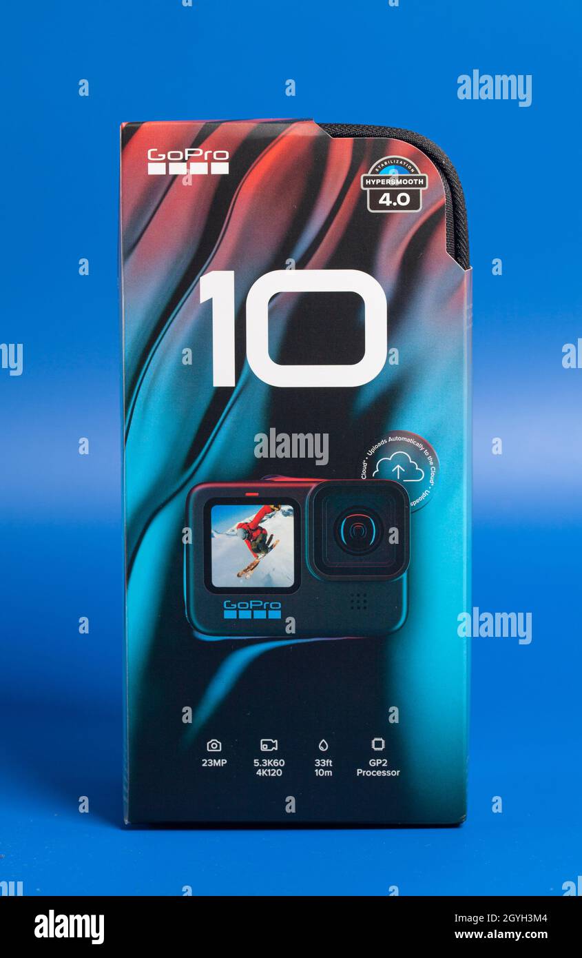 Moscow, Russia, October 08,2021 GoPro HERO10 Black Edition on blue ...