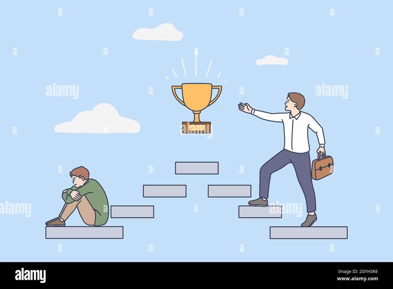 Happy motivated man on career steps walk to success or goal achievement ...