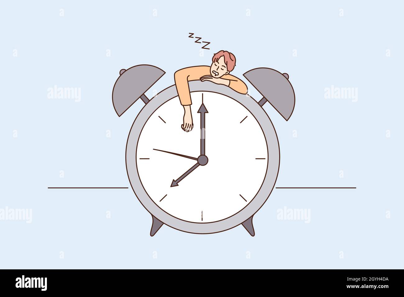 Tired young man sleep doze on huge clock feel overwhelmed. Exhausted ...