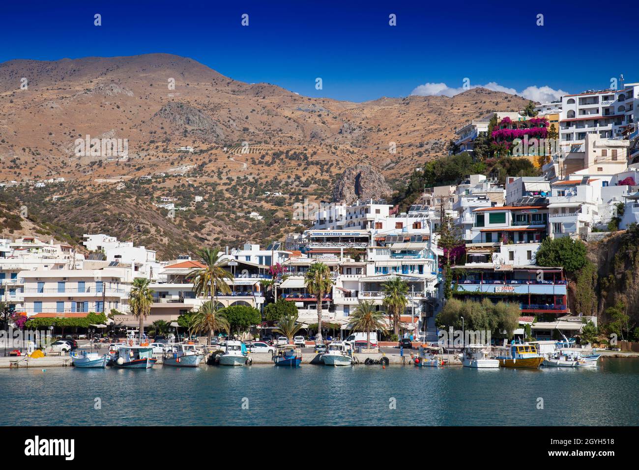The seaside village of Agia Galini, Crete, Greece, Europe Stock Photo ...
