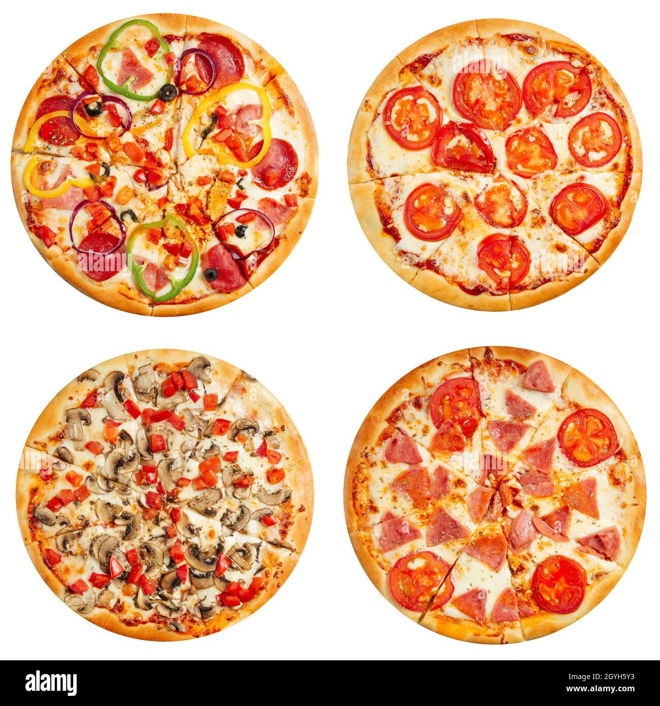Collage set of four different pizzas for menu isolated Stock Photo - Alamy