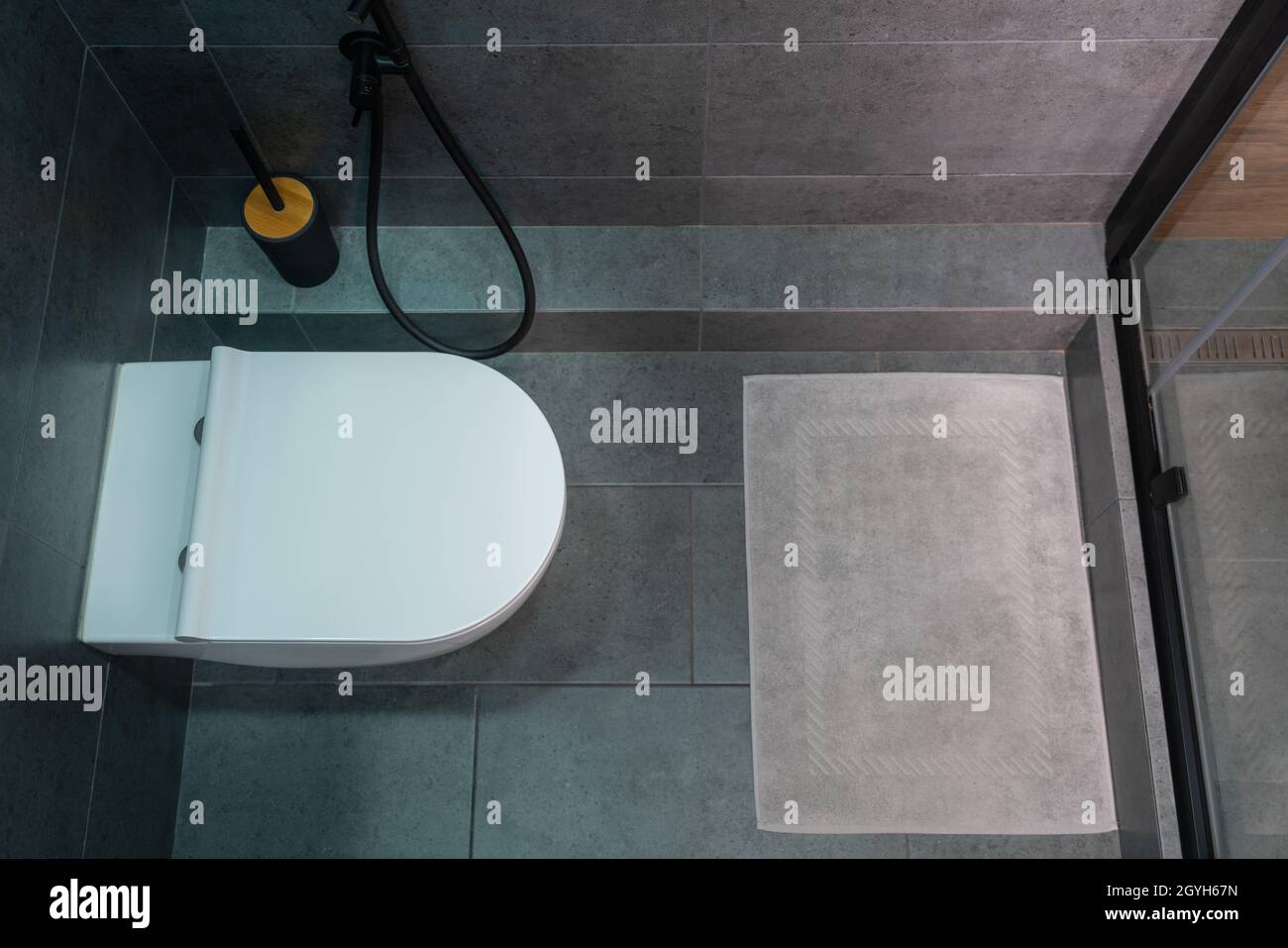 Top down view on a closed toilet with bathmat and shower cubicle in a ...