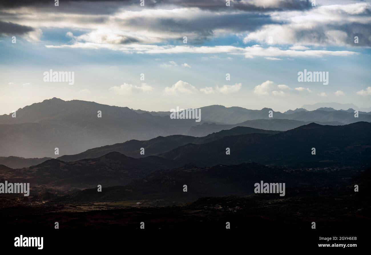 View from above, stunning view of valley surrounded by a mountain range ...