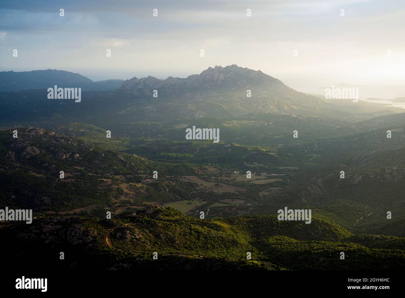 View from above, stunning view of valley surrounded by a mountain range ...