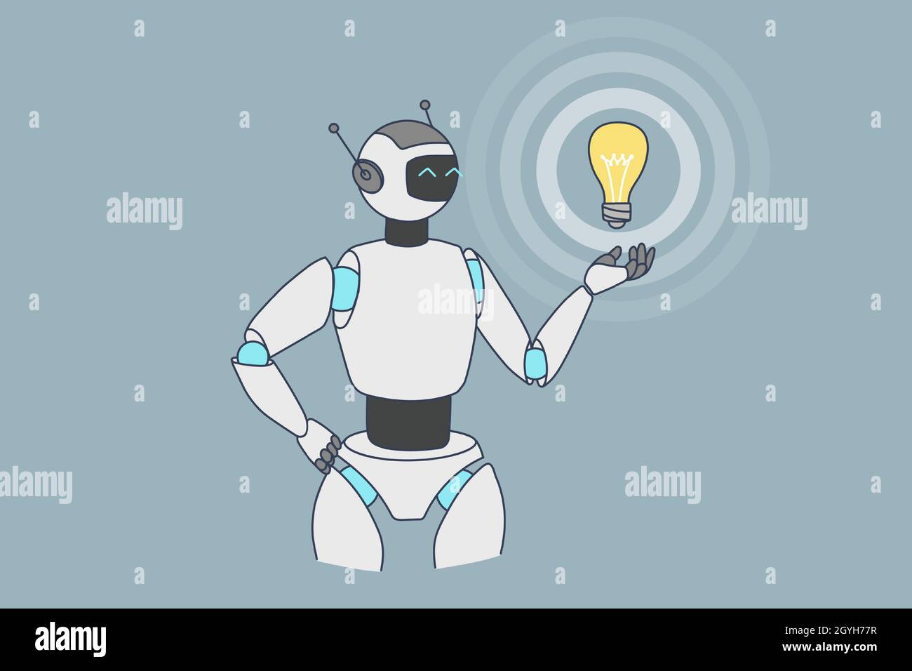 Robot hold lightbulb think generate ideas. Humanoid cyborg develop ...
