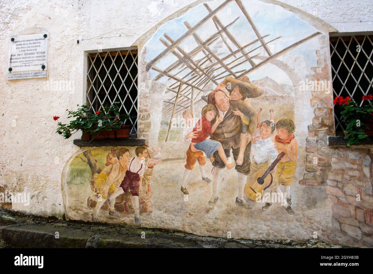 Europe, Italy, Lombardy, province of Lecco. Parlasco, a painted village ...