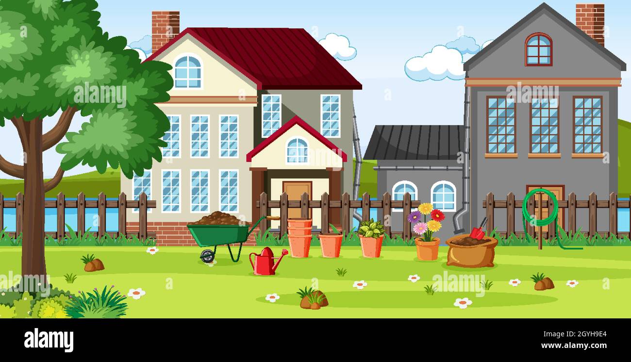 Landscape scene with garden in front of the houses illustration Stock ...