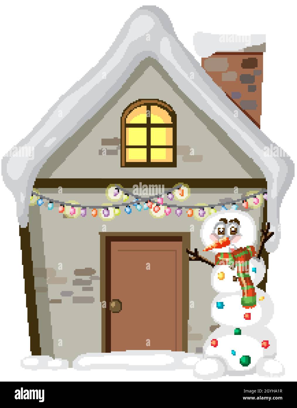 Christmas house with snowman on white background illustration Stock ...