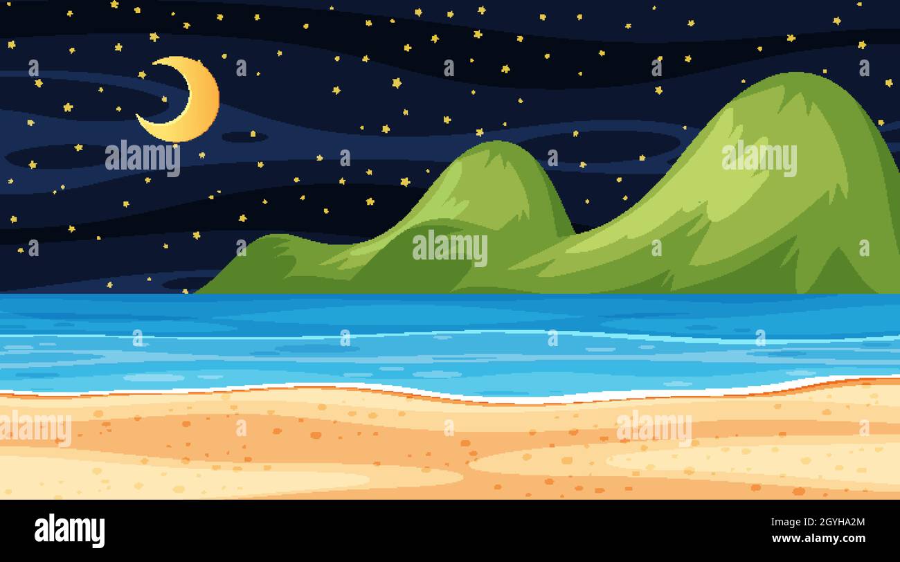 Beach landscape at night scene illustration Stock Vector Image & Art ...