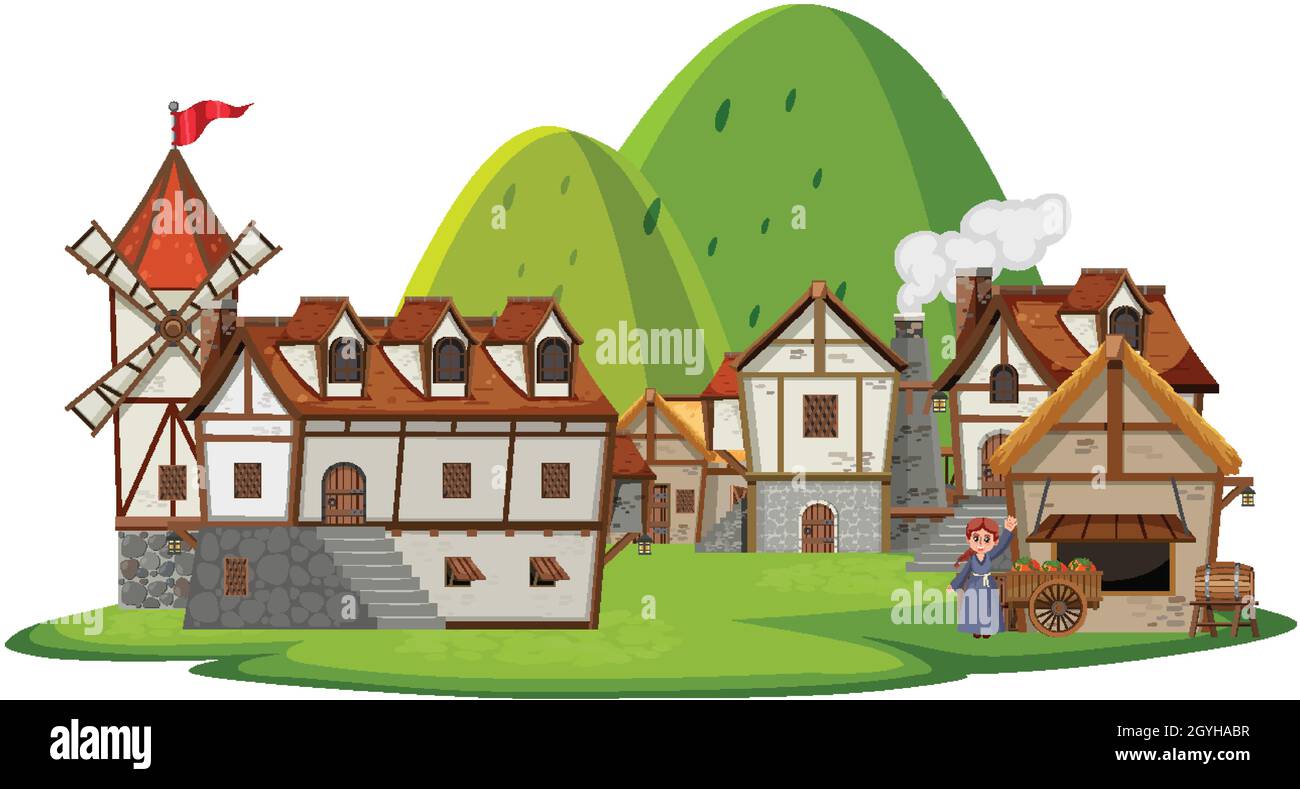 Ancient medieval village isolated on white background illustration ...