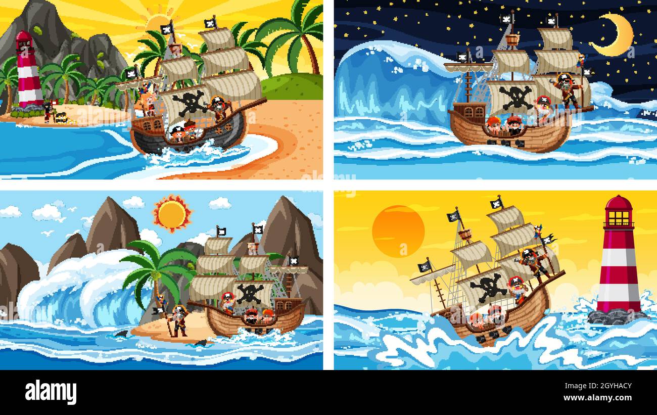 Set of different beach scenes with pirate ship illustration Stock ...