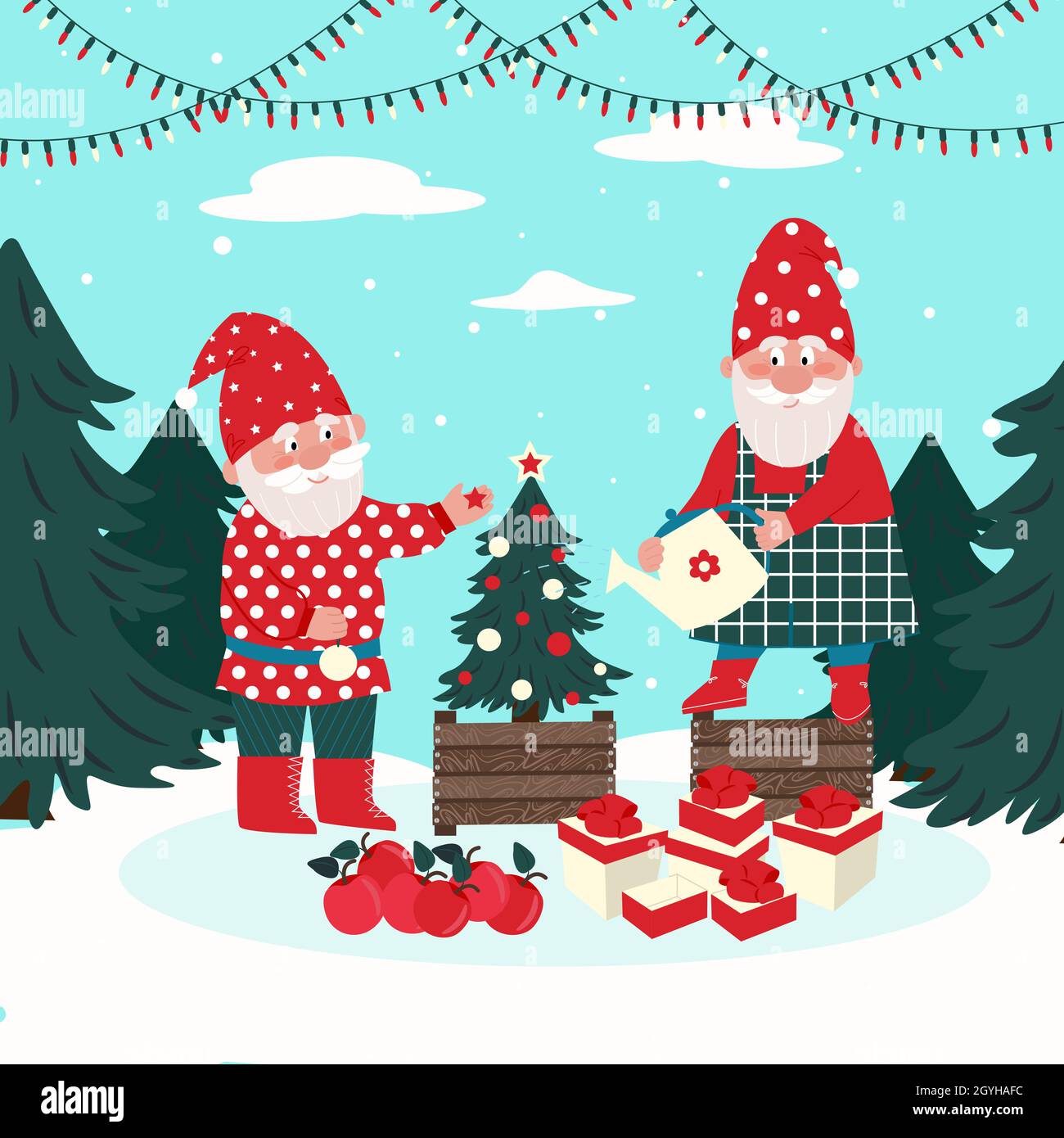 Two gnomes decorate a Christmas tree. Vector characters in flat style ...