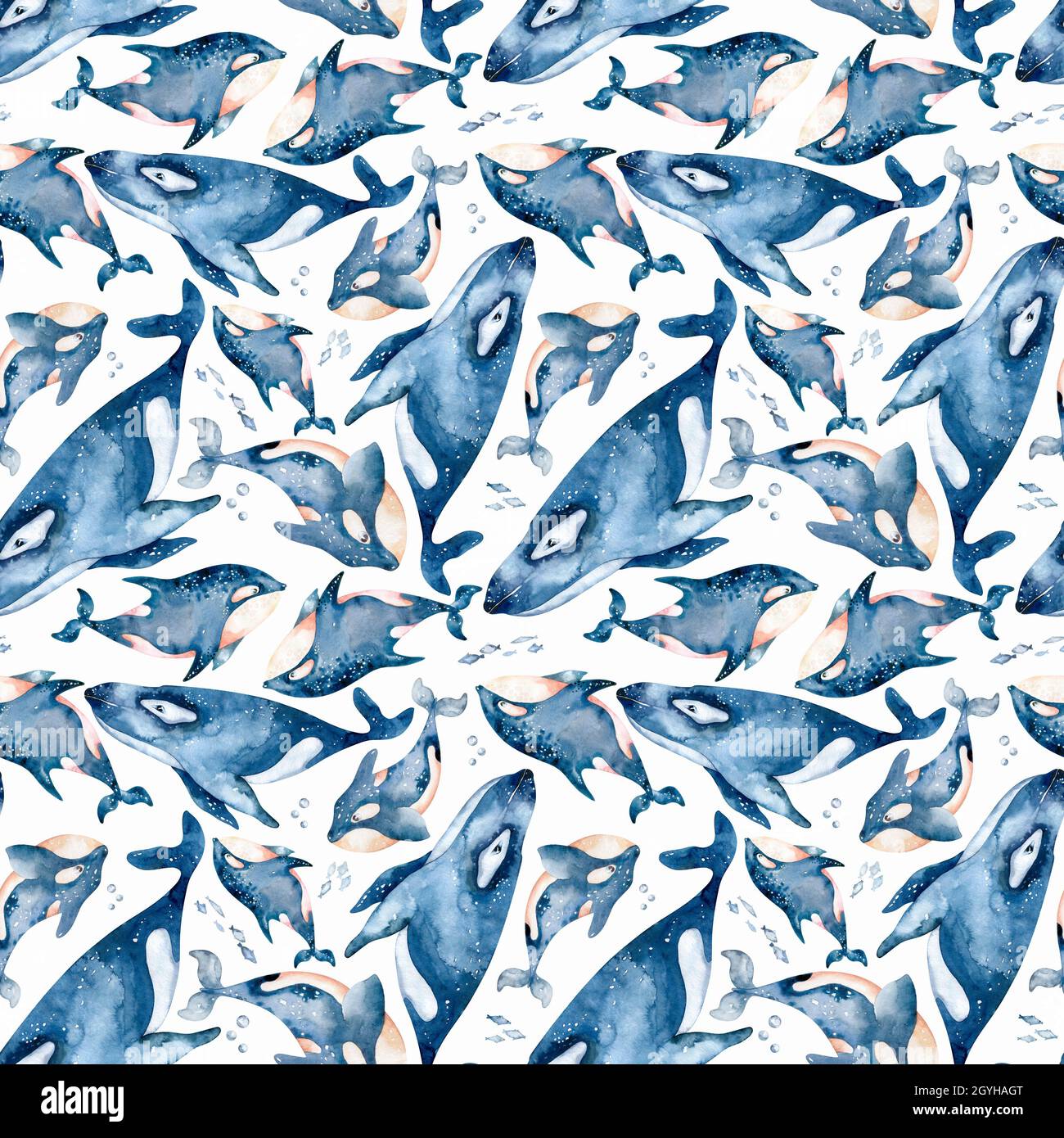 Watercolor whales seamless pattern . Hand drawn cute illustration with ...
