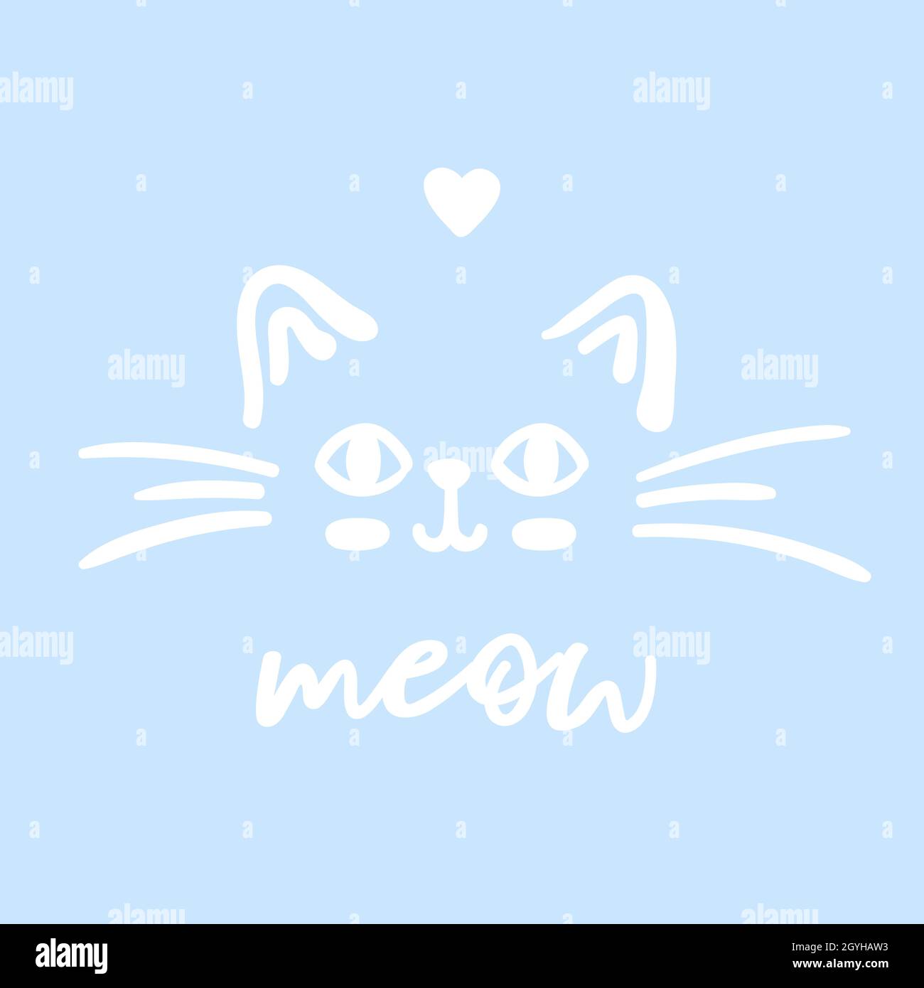 Cat cute face meow vector doodle illustration isolated on blue ...