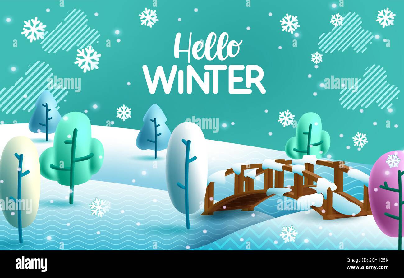 Winter landscape vector background design. Hello winter text in cartoon ...