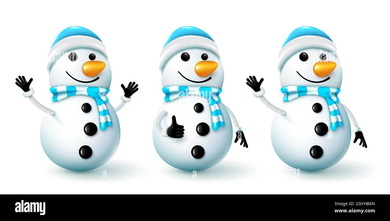 Snowman winter character vector set. Snow man 3d characters with scarf ...