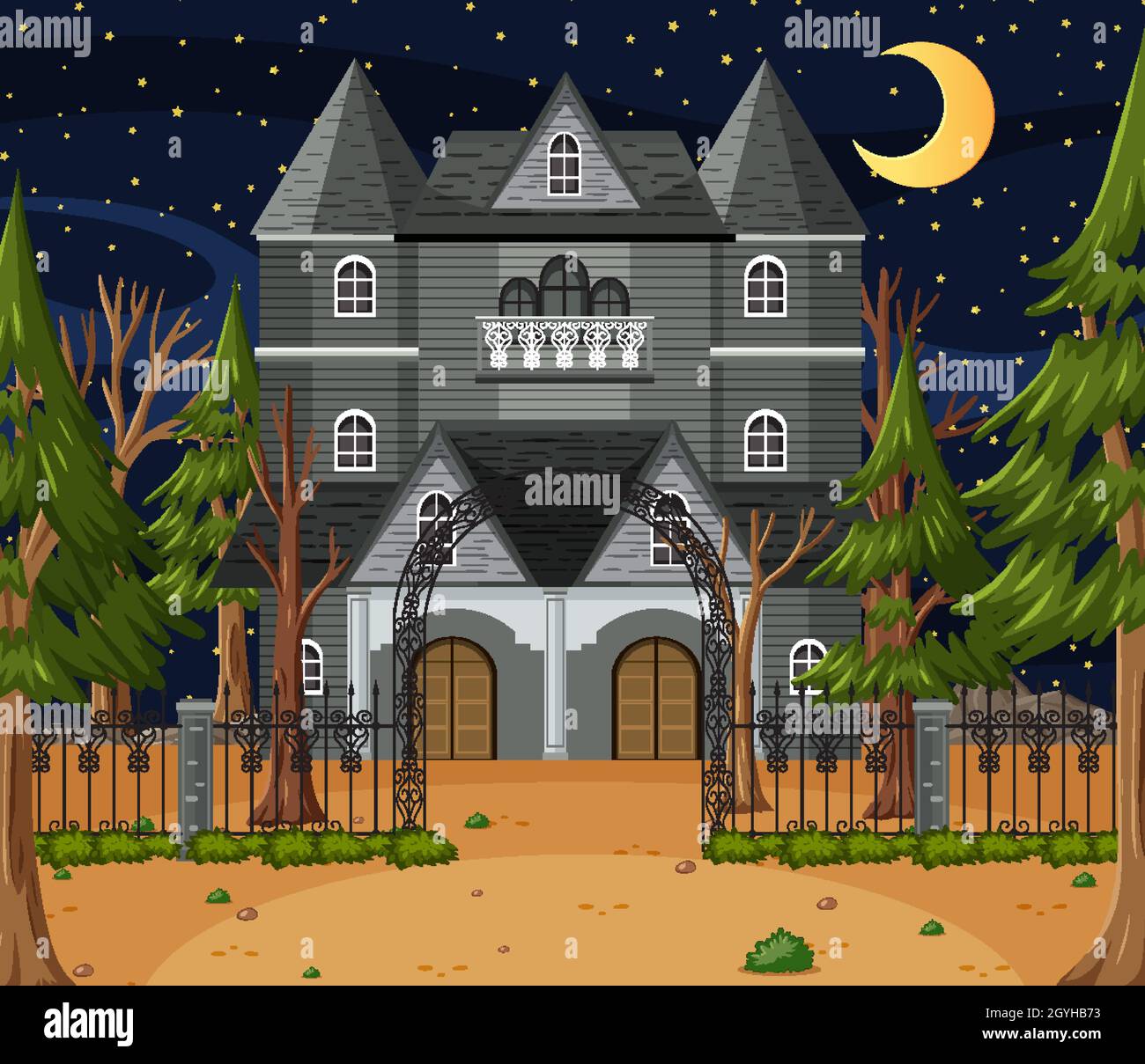 Scene with haunted halloween mansion illustration Stock Vector Image ...
