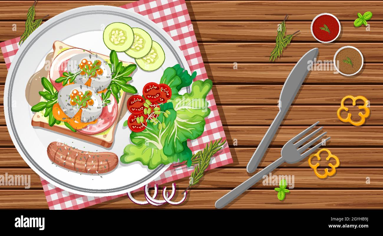 Breakfast set in a dish in cartoon style on the table illustration ...