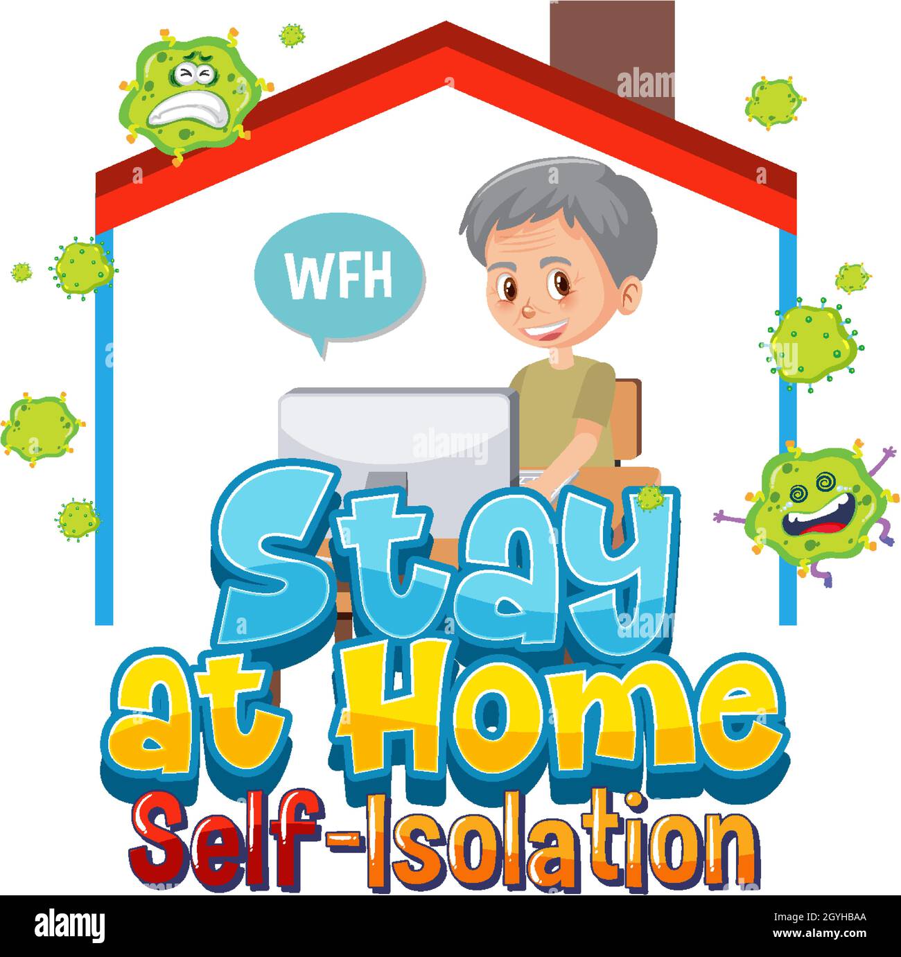 Stay at home and self-isolation banner with cartoon character work from ...