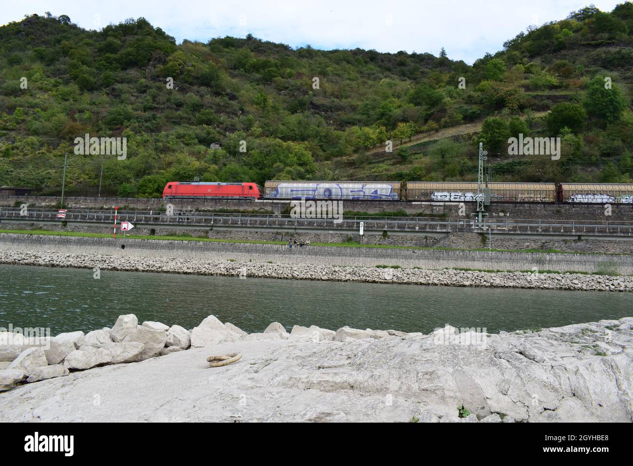 train running through Mittelrheintal, noisy trains in idyllic landscape ...