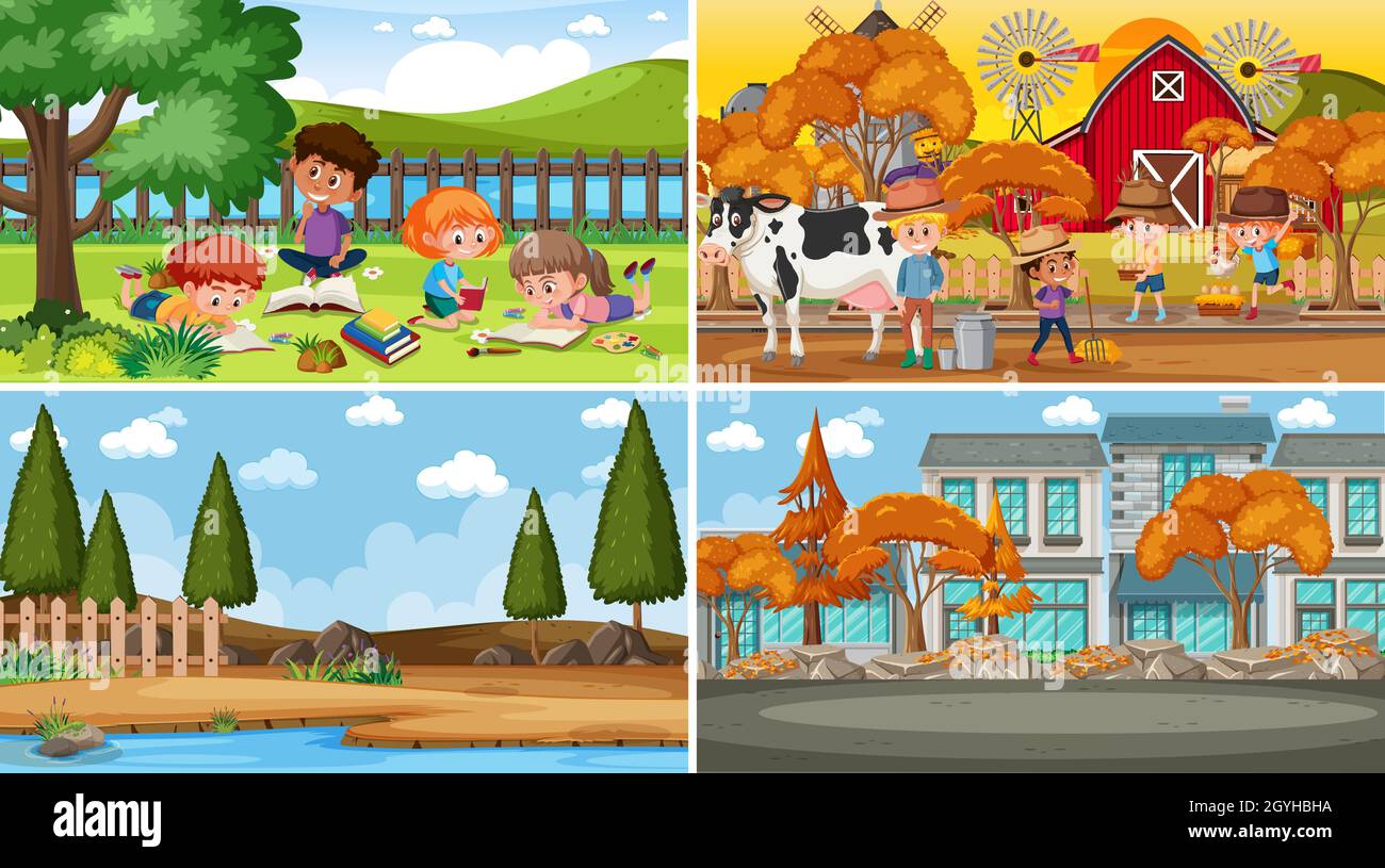 Set of different nature scenes cartoon style illustration Stock Vector ...